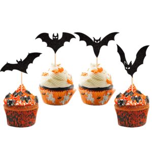 24 PCS Halloween Bat Cupcake Toppers Black Glitter Bat Halloween Cupcake Picks for Halloween Theme Baby Shower Kids Birthday Party Cake Decorations Supplies