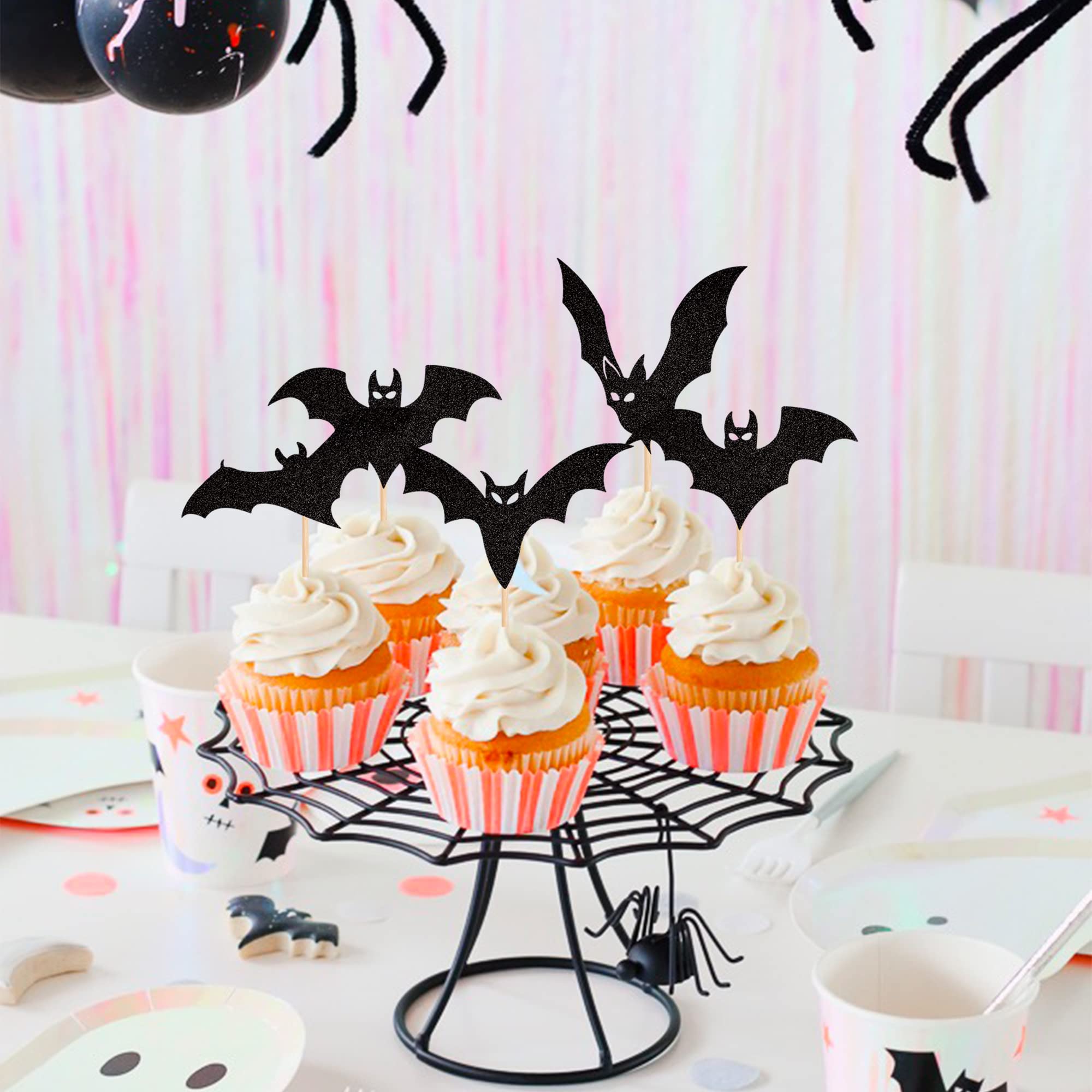 24 PCS Halloween Bat Cupcake Toppers Black Glitter Bat Halloween Cupcake Picks for Halloween Theme Baby Shower Kids Birthday Party Cake Decorations Supplies