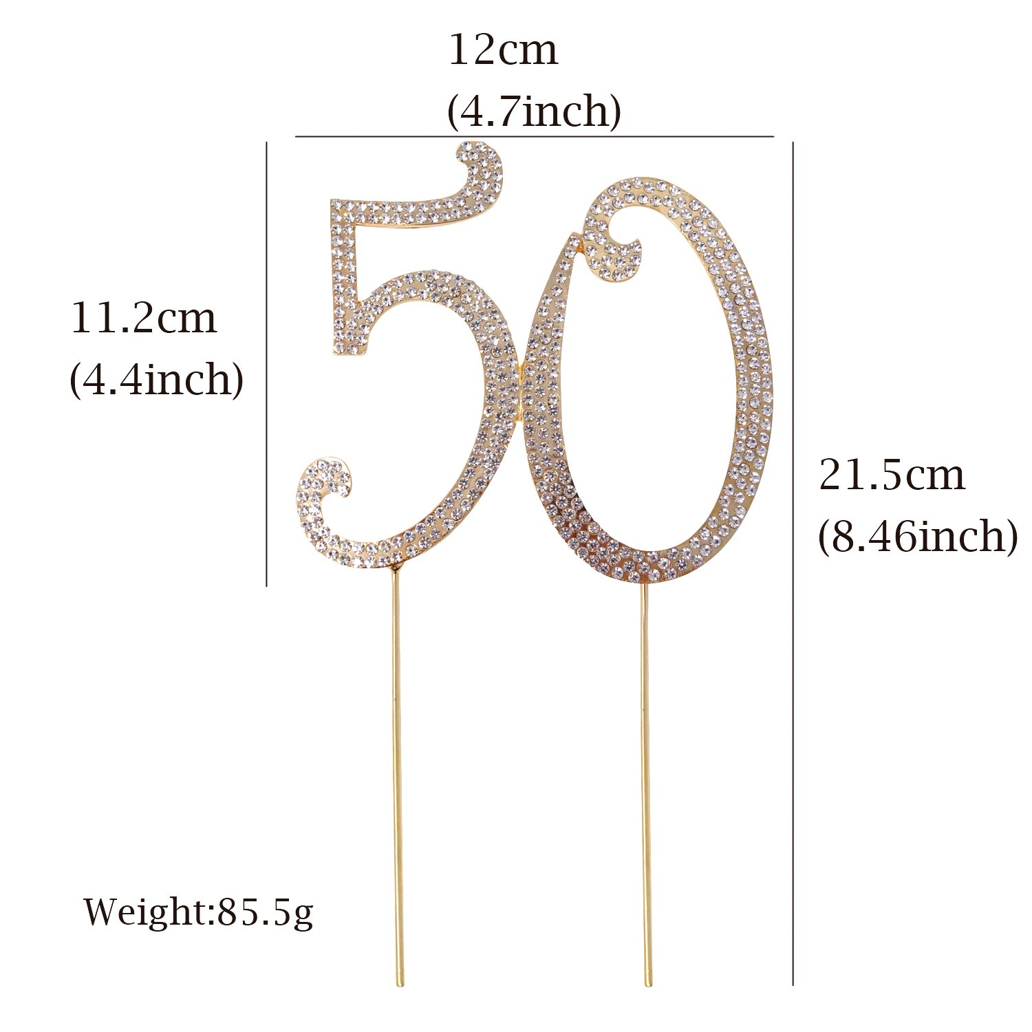 Honbay 50 Birthday Cake Topper Sparkly Bling Alloy Crystal Rhinestones Cake Topper Cake Decoration for 50th Birthday or Anniversary Party (Gold)