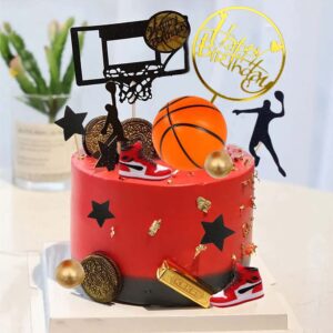 basketball cake topper, 19pcs basketball cake toppers with sneakers star gold balls for boys men birthday party cake decorations