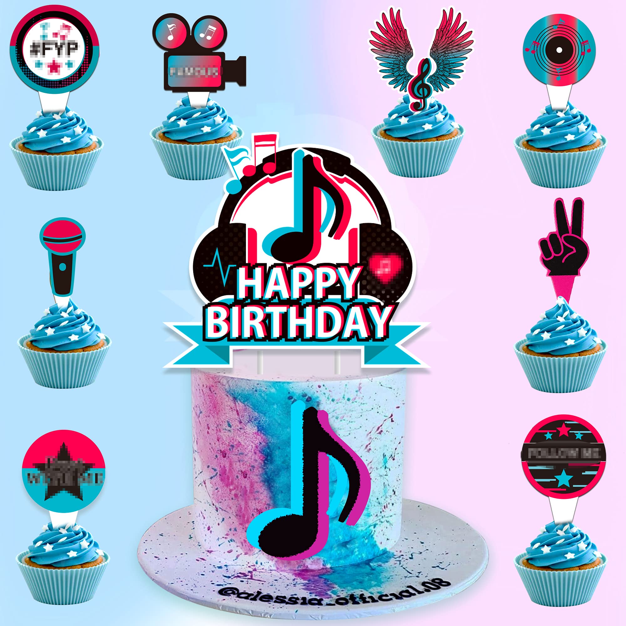 25Pcs Tik Music Happy Birthday Cake Toppers，Musical Tik Cupcake Toppers for Girl's Music Karaoke Themed Party Supplies，Music Birthday Party Decorations