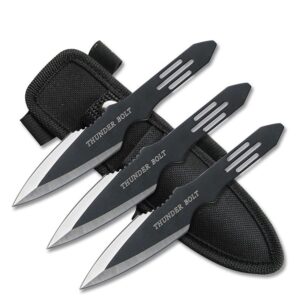 set of 3 black/satin finish throwing knives with thunder bolt etching, black handles, nylon sheath - bladesusa