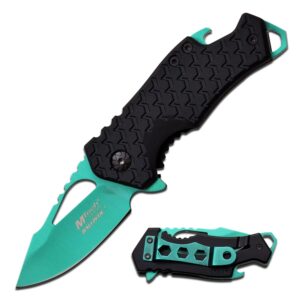 mtech usa – spring assisted folding knife – green fine edge stainless steel blade with black nylon fiber handle, bottle opener, pocket clip, tactical, edc, self defense- mt-a882gn