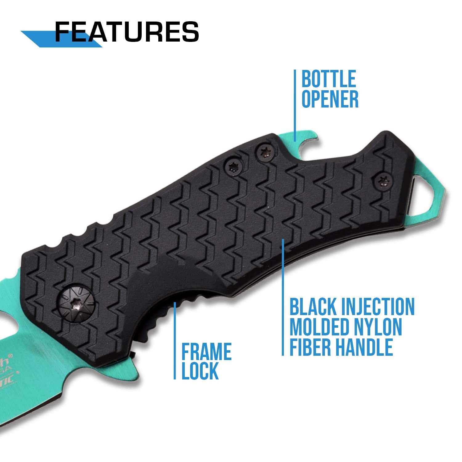 MTech USA – Spring Assisted Folding Knife – Green Fine Edge Stainless Steel Blade with Black Nylon Fiber Handle, Bottle Opener, Pocket Clip, Tactical, EDC, Self Defense- MT-A882GN