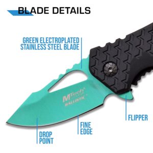 MTech USA – Spring Assisted Folding Knife – Green Fine Edge Stainless Steel Blade with Black Nylon Fiber Handle, Bottle Opener, Pocket Clip, Tactical, EDC, Self Defense- MT-A882GN