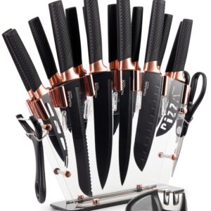 nuovva Professional Kitchen Knife Set with Block - Copper 17 Piece Knives Set With Steak Knives - Clear Acrylic Block High Carbon Stainless Steel Blades - With Knife Sharpener Peeler and Scissors