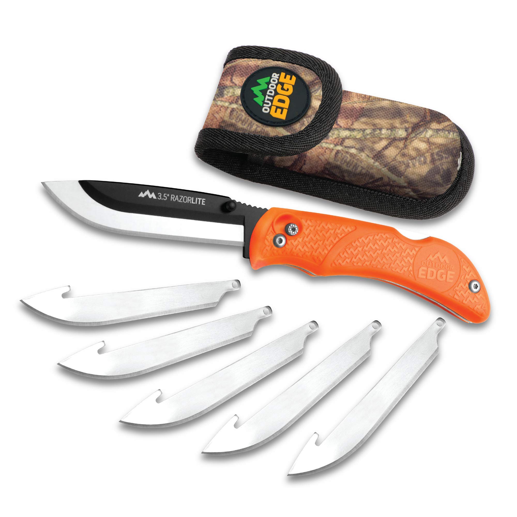 OUTDOOR EDGE RazorBlaze, RB-20, 3.5" Replaceable Blade Folding Hunting Knife, Non-Slip Rubberized TPR Handle, Mossy Oak Nylon Sheath (Blaze Orange)