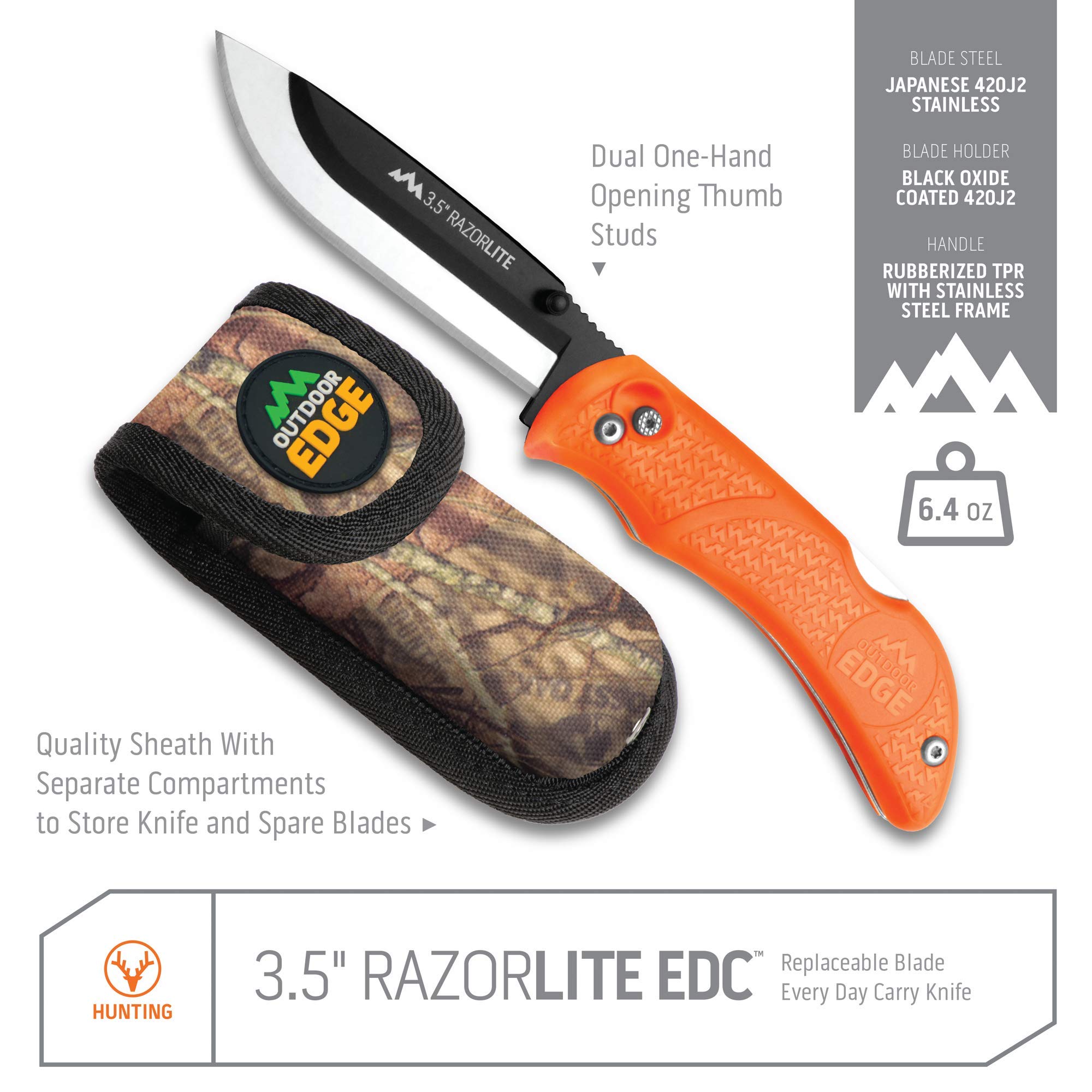 OUTDOOR EDGE RazorBlaze, RB-20, 3.5" Replaceable Blade Folding Hunting Knife, Non-Slip Rubberized TPR Handle, Mossy Oak Nylon Sheath (Blaze Orange)