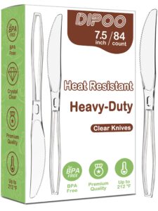 dipoo 7.5" clear plastic knives heavy duty upgraded heat resistant & bpa free, solid and durable plastic cutlery, premium disposable knives, for party supply(84 count)