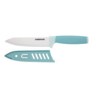 farberware ceramic chef knife with custom-fit blade cover, razor-sharp kitchen knife with ergonomic, soft-grip handle, dishwasher-safe, 6-inch, aqua