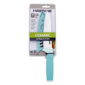 Farberware Ceramic Chef Knife with Custom-Fit Blade Cover, Razor-Sharp Kitchen Knife with Ergonomic, Soft-Grip Handle, Dishwasher-Safe, 6-inch, Aqua