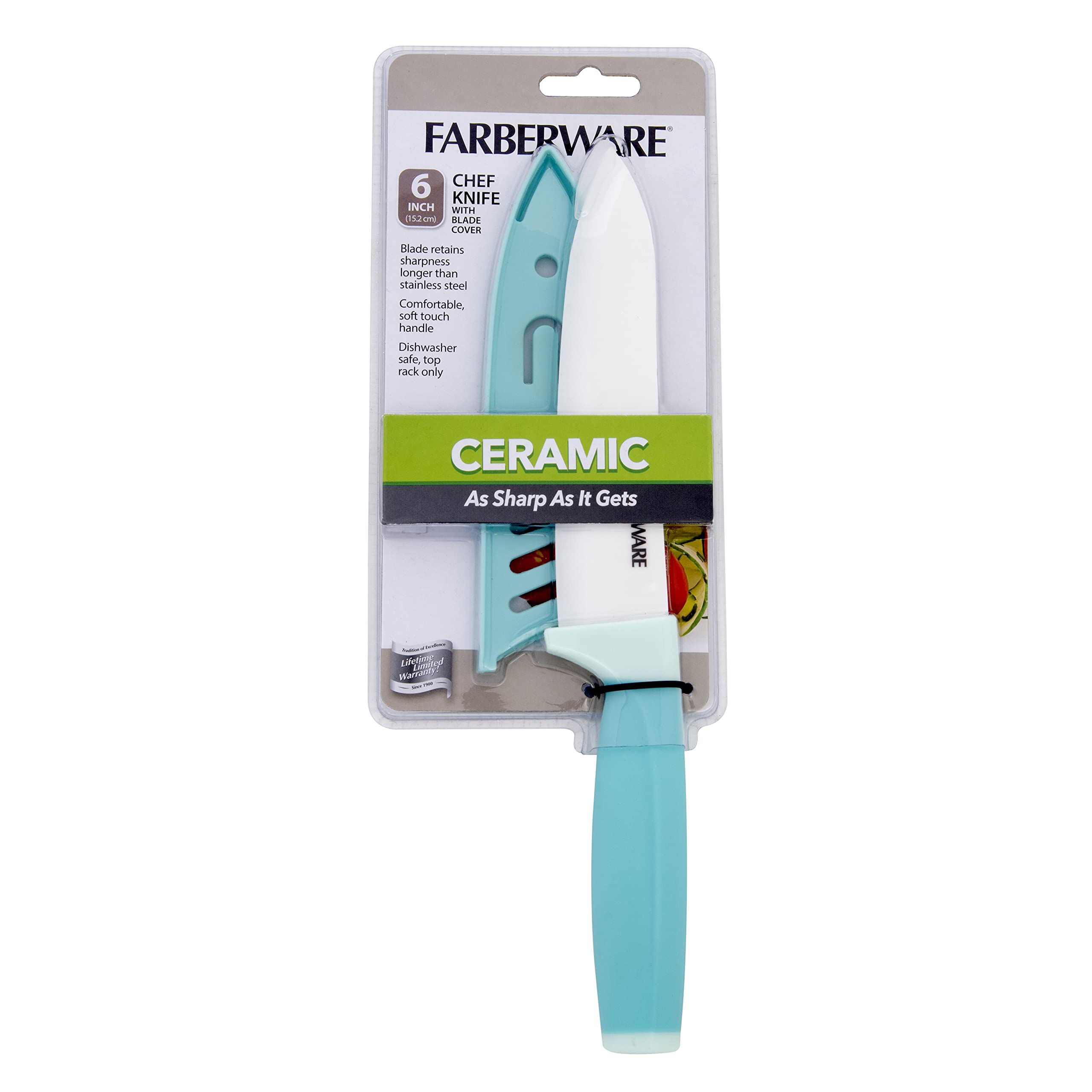 Farberware Ceramic Chef Knife with Custom-Fit Blade Cover, Razor-Sharp Kitchen Knife with Ergonomic, Soft-Grip Handle, Dishwasher-Safe, 6-inch, Aqua