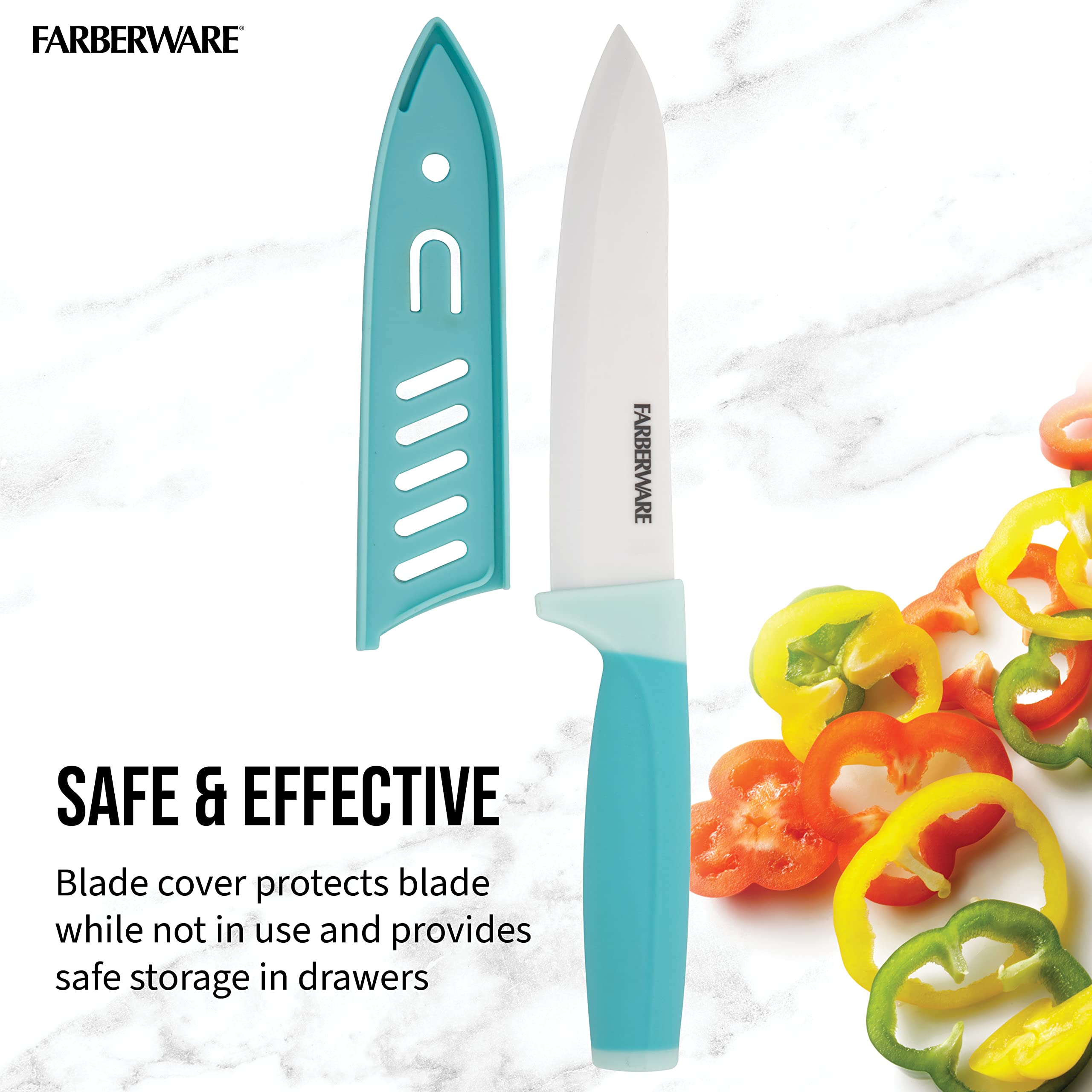 Farberware Ceramic Chef Knife with Custom-Fit Blade Cover, Razor-Sharp Kitchen Knife with Ergonomic, Soft-Grip Handle, Dishwasher-Safe, 6-inch, Aqua