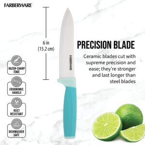 Farberware Ceramic Chef Knife with Custom-Fit Blade Cover, Razor-Sharp Kitchen Knife with Ergonomic, Soft-Grip Handle, Dishwasher-Safe, 6-inch, Aqua