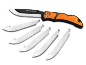 outdoor edge 3.5" razorlite edc knife. pocket knife with replaceable blades and clip. the perfect hunting knife for skinning deer. blaze orange with 6 blades