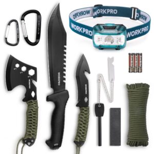 workpro camping hatchet & machete with sheath, camping axe and fixed blade hunting knives with paracord handle, headlamp, flint, camping tool set for outdoor hunting survival