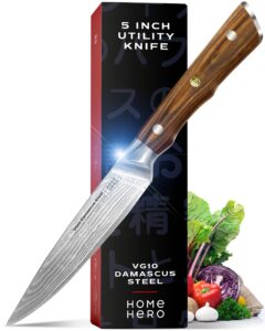 home hero japanese utility knife collection - vg10 damascus steel triple rivet ultra sharp 67 layers kitchen knife with ergonomic rosewood handle - unique gift for men & women (5 inch utility knife)