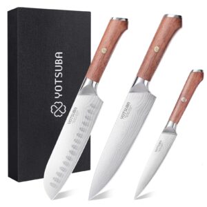 yotsuba kitchen knife set, chef knife set, sharp high carbon stainless steel forged blade kitchen knives set with ergonomic rosewood handle, natural wood