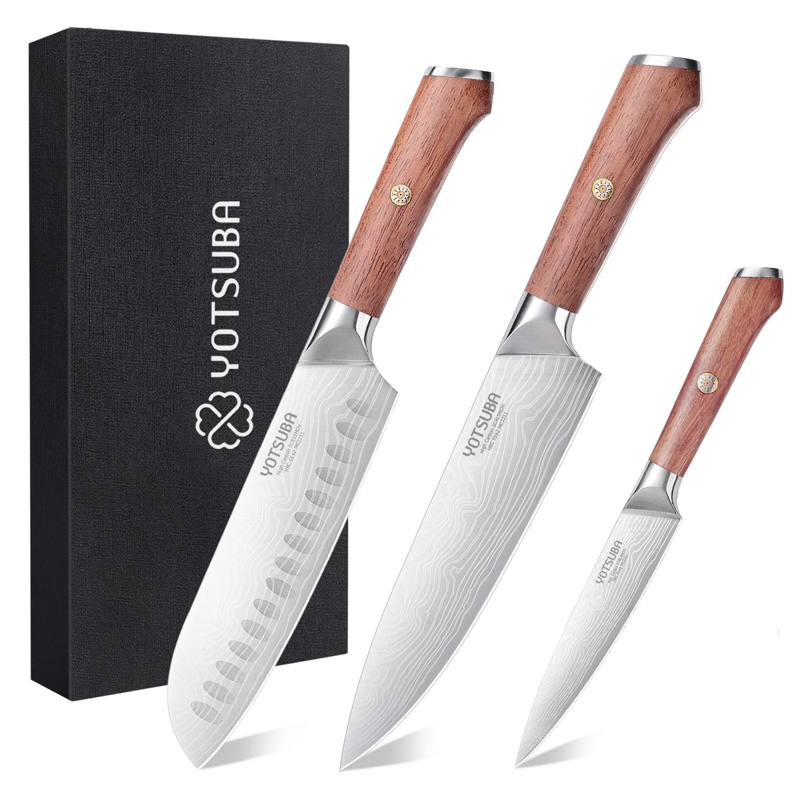 YOTSUBA Kitchen Knife Set, Chef Knife Set, Sharp High Carbon Stainless Steel Forged Blade Kitchen Knives Set with Ergonomic Rosewood Handle, Natural Wood