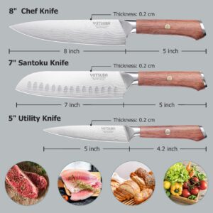 YOTSUBA Kitchen Knife Set, Chef Knife Set, Sharp High Carbon Stainless Steel Forged Blade Kitchen Knives Set with Ergonomic Rosewood Handle, Natural Wood