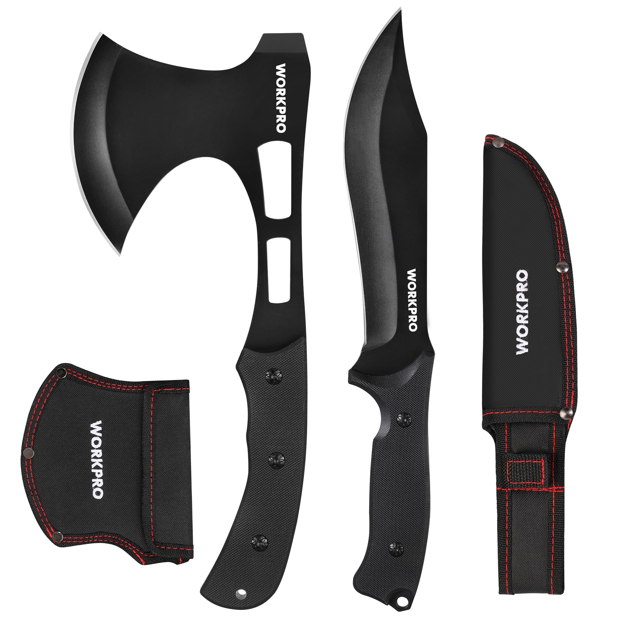 WORKPRO Hunting Knife and Hatchet Axe Combo Set - Full Tang Fixed Blade Tactical Knife and Camping Axe - Survival Knife and Camping Hatchet with Sheathes - Tactical Knife and Survival Axe for Men