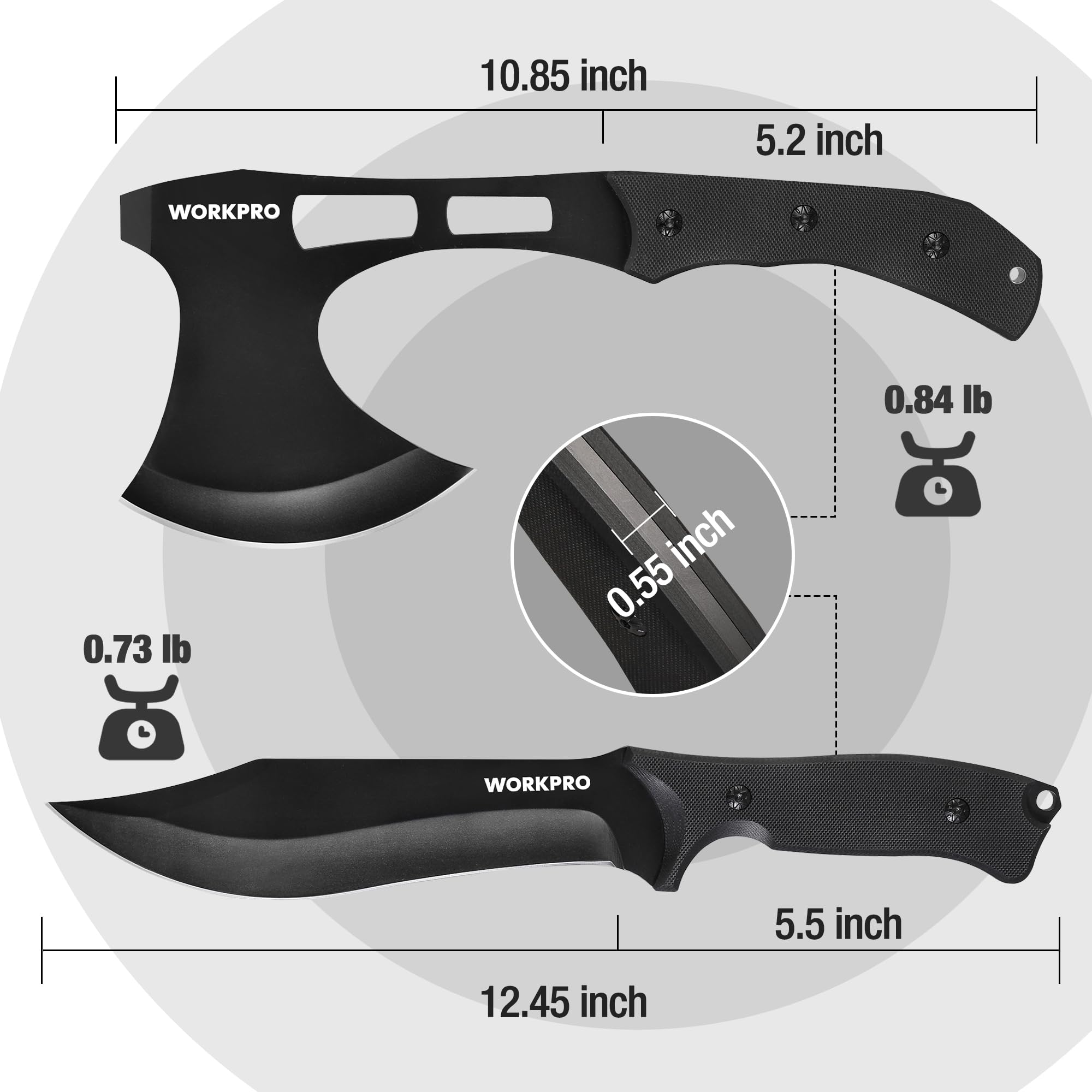 WORKPRO Hunting Knife and Hatchet Axe Combo Set - Full Tang Fixed Blade Tactical Knife and Camping Axe - Survival Knife and Camping Hatchet with Sheathes - Tactical Knife and Survival Axe for Men