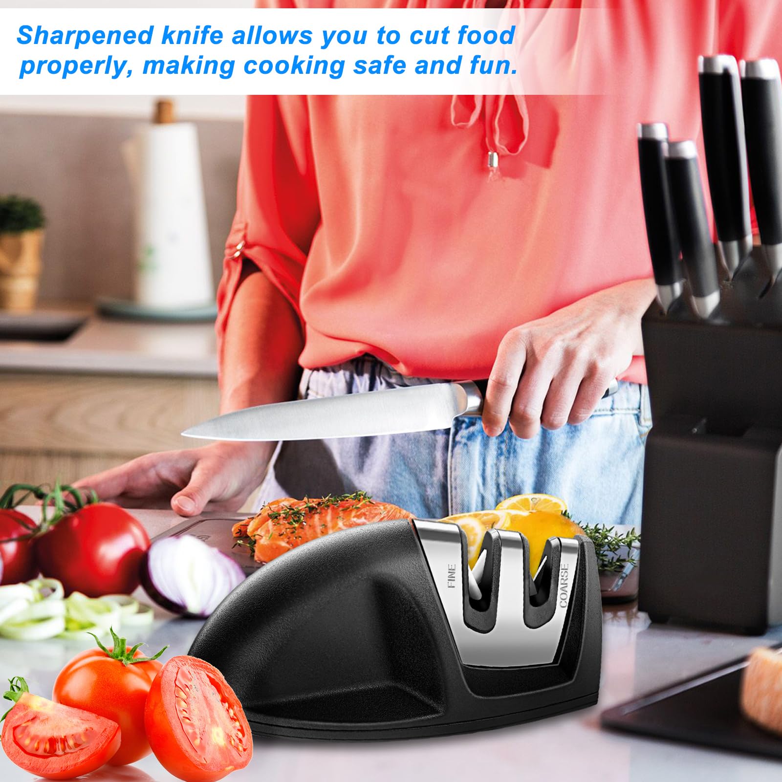 EZYUMM Knife Sharpener, 2-Stage Preset Coarse & Fine Slots Knife Sharpening, Professional Knife Sharpeners for Kitchen Knives (Black)