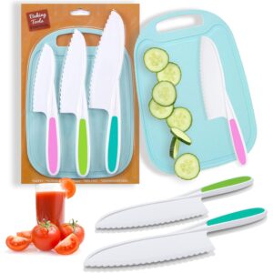 gonejall kids knife set for real cooking, 4 pieces toddler knife set, nylon kitchen baking knife with cutting board, firm grip, serrated edges kids knives for cutting cakes, fruit, veggies & bread