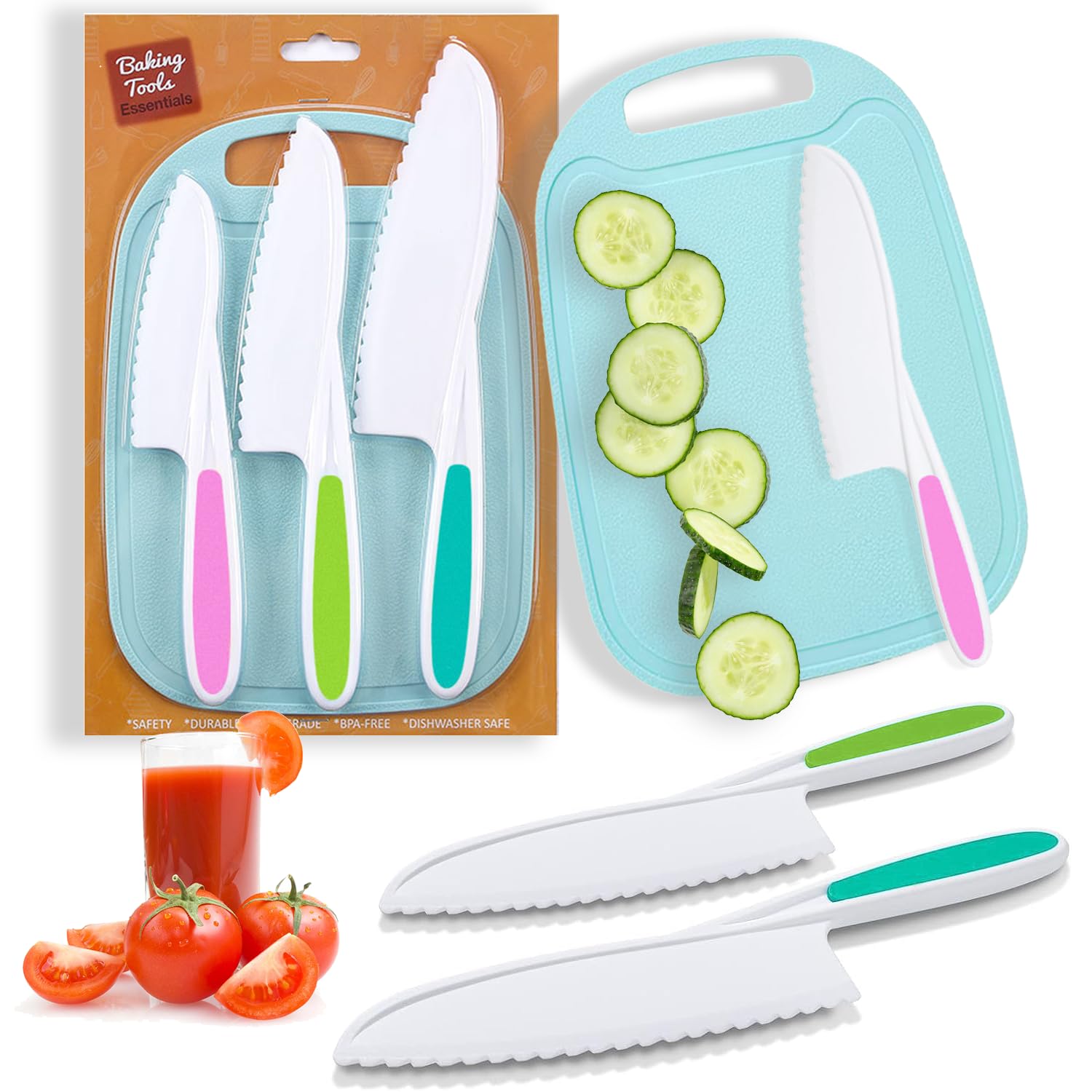 GONEJALL Kids Knife Set for Real Cooking, 4 Pieces Toddler Knife Set, Nylon Kitchen Baking Knife with Cutting Board, Firm Grip, Serrated Edges Kids Knives for Cutting Cakes, Fruit, Veggies & Bread