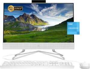 hp 2022 newest all-in-one desktop, 21.5" fhd display, intel celeron j4025 processor, 8gb ram, 256gb pcie ssd, webcam, hdmi, rj-45, wired keyboard&mouse, wifi, windows 11 home, white