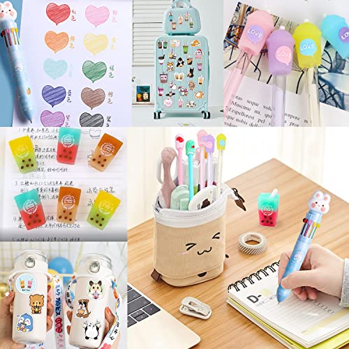 Primo Lines Kawaii Pencil Case and Complete 61 PCS Brown Kawaii Stationery Set with Pop Up Cute Boba Pencil Case, 8 Kawaii Pens, 50 Bubble Tea Stickers