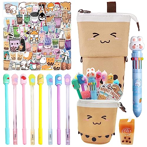 Primo Lines Kawaii Pencil Case and Complete 61 PCS Brown Kawaii Stationery Set with Pop Up Cute Boba Pencil Case, 8 Kawaii Pens, 50 Bubble Tea Stickers