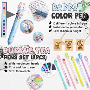 Primo Lines Kawaii Pencil Case and Complete 61 PCS Brown Kawaii Stationery Set with Pop Up Cute Boba Pencil Case, 8 Kawaii Pens, 50 Bubble Tea Stickers