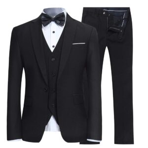 yffushi men's slim fit 3 piece suit one button blazer tux vest & trousers,black,large