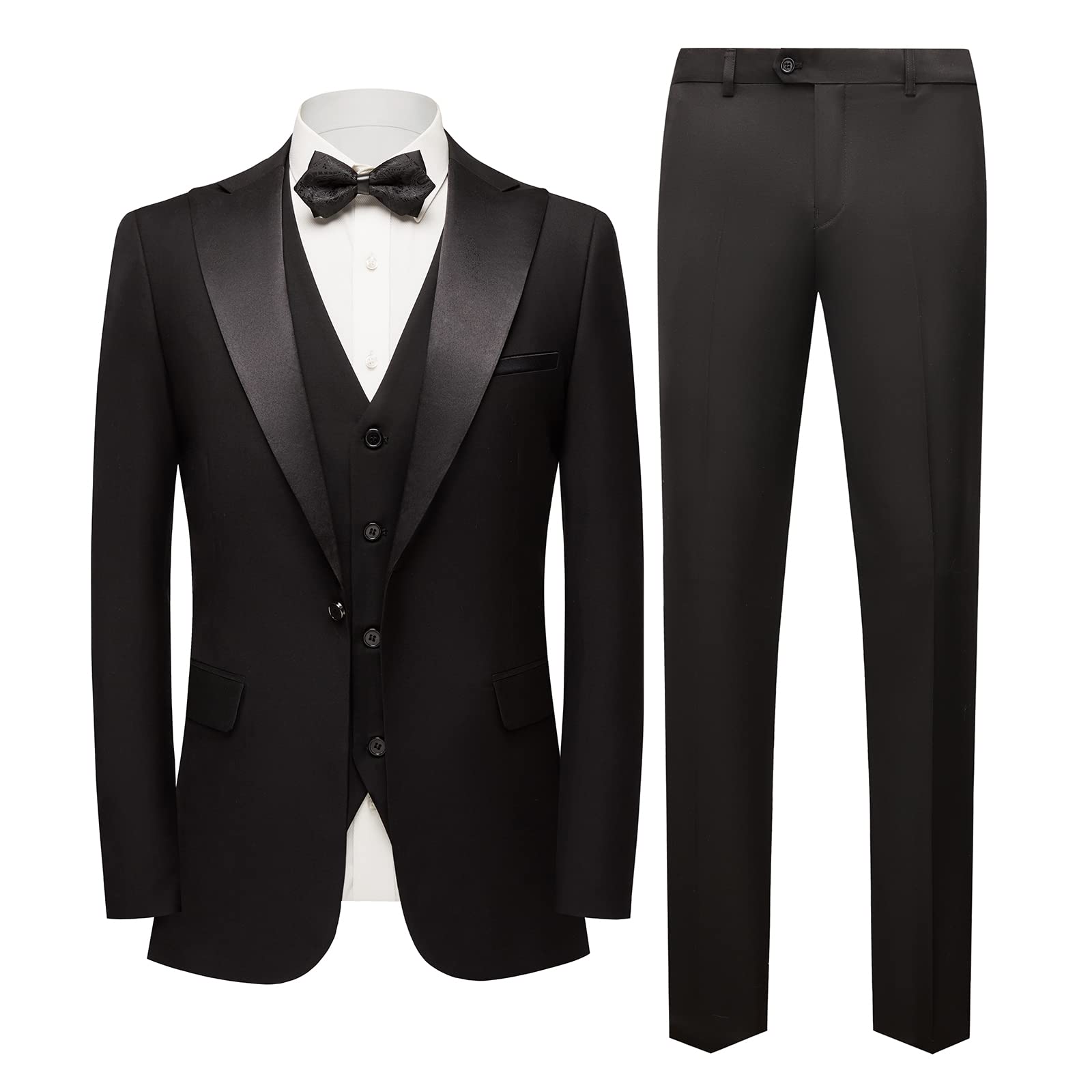 Mgnaie Men Black Suits Slim Fit Wedding 3 Piece Tux Groomsmen Prom Blazer Jacket Vest Pants with Tie Men Suit Set