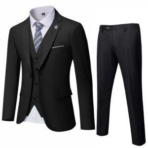 MrSure Men’s 3 Piece Suit Blazer, Slim Fit Tux with One Button, Jacket Vest Pants & Tie Set for Party, Wedding and Business Black