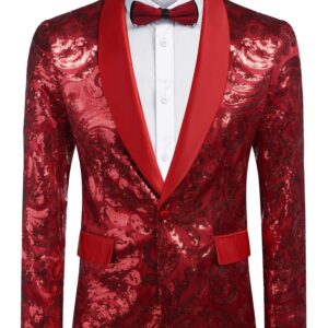 COOFANDY Red Sequin Blazer Men Shiny Christmas Floral Tux Dinner Jackets Stage Blazers Christmas Prom Party Red, S