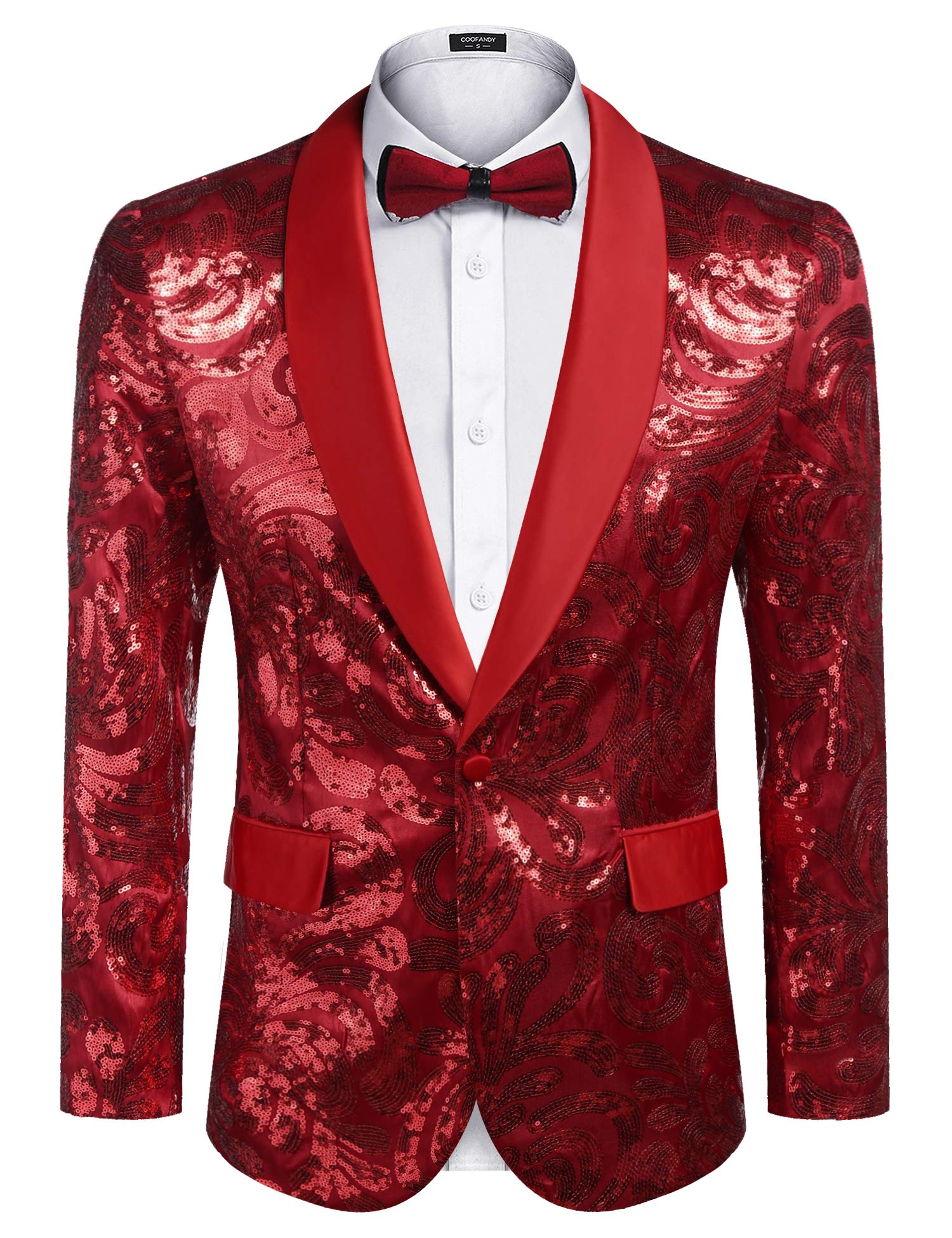 COOFANDY Red Sequin Blazer Men Shiny Christmas Floral Tux Dinner Jackets Stage Blazers Christmas Prom Party Red, S