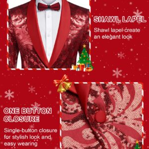 COOFANDY Red Sequin Blazer Men Shiny Christmas Floral Tux Dinner Jackets Stage Blazers Christmas Prom Party Red, S