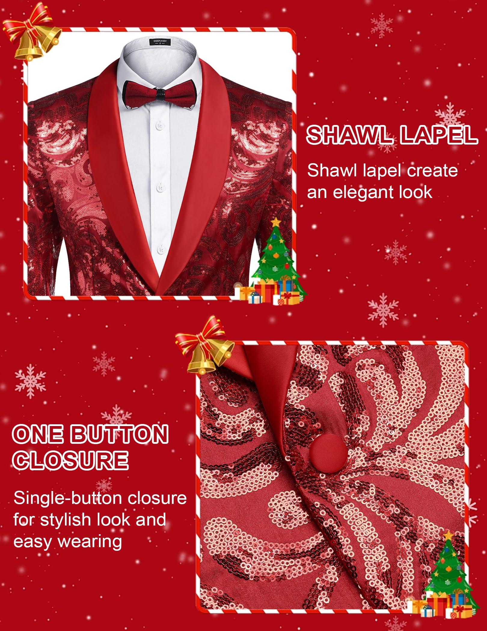 COOFANDY Red Sequin Blazer Men Shiny Christmas Floral Tux Dinner Jackets Stage Blazers Christmas Prom Party Red, S