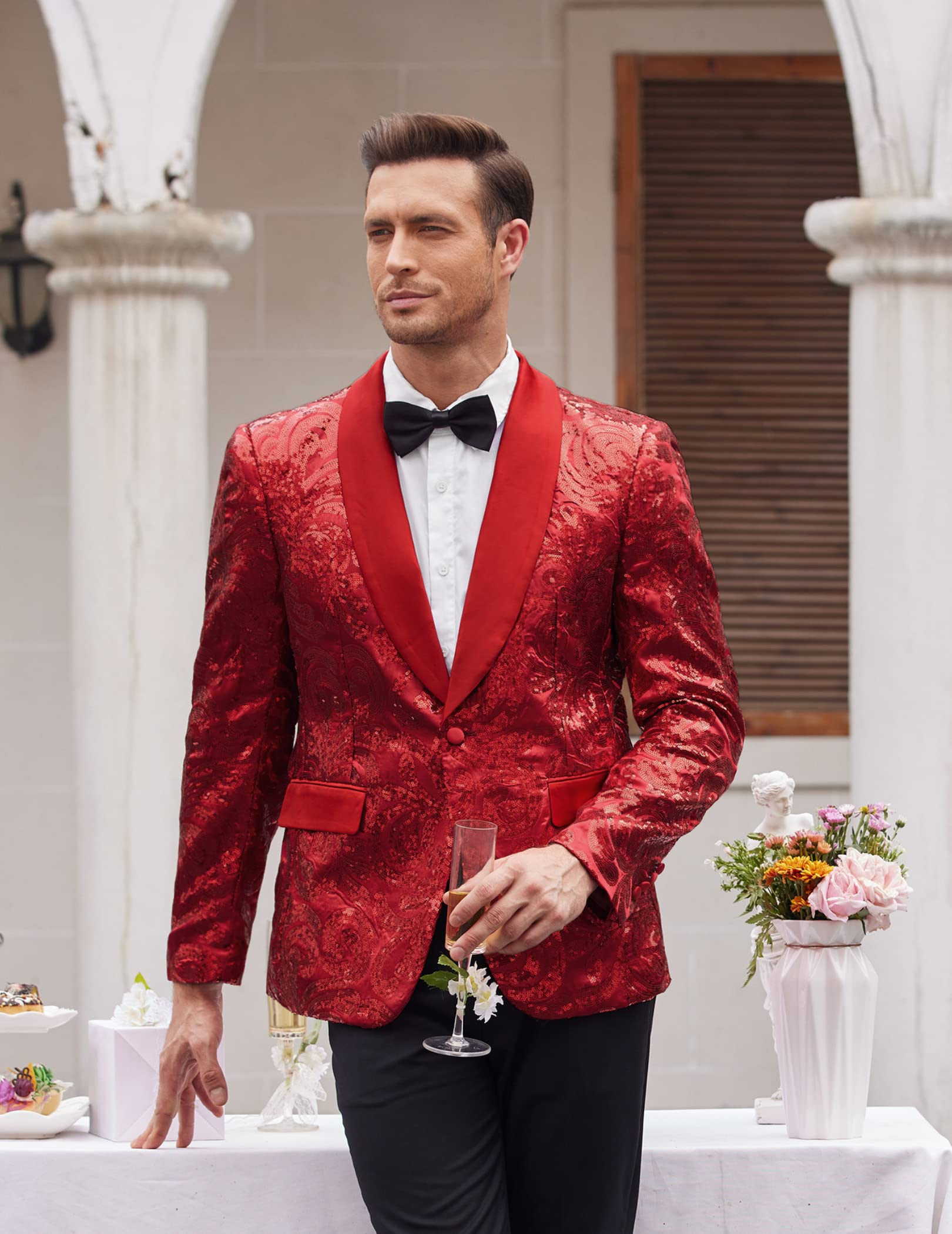 COOFANDY Red Sequin Blazer Men Shiny Christmas Floral Tux Dinner Jackets Stage Blazers Christmas Prom Party Red, S