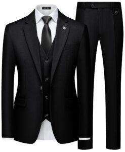 mage male mens suits slim fit 3 piece tuxedo suit one button solid prom wedding party blazer vest pants set with tie black