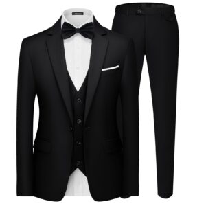 mage male men's 3 pieces suit elegant solid one button slim fit single breasted party blazer vest pants set. black