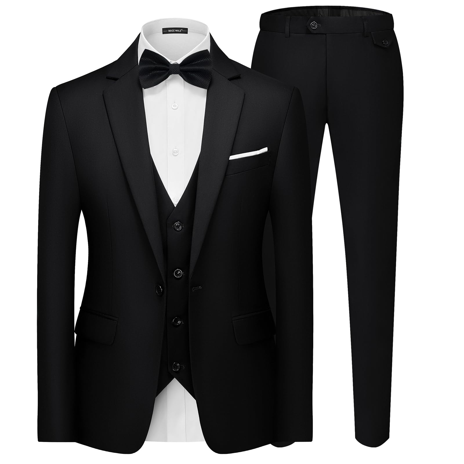 MAGE MALE Men's 3 Pieces Suit Elegant Solid One Button Slim Fit Single Breasted Party Blazer Vest Pants Set. Black