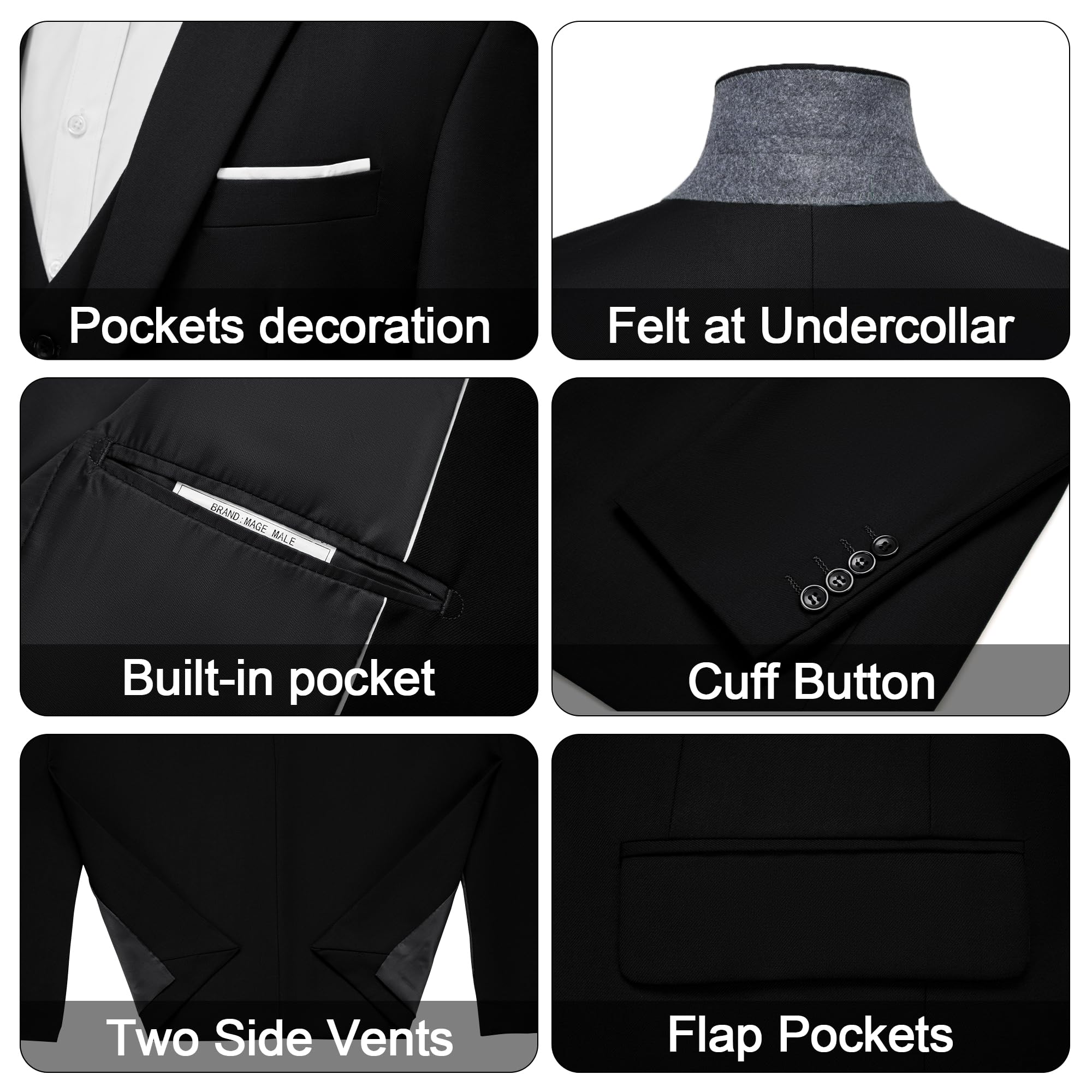 MAGE MALE Men's 3 Pieces Suit Elegant Solid One Button Slim Fit Single Breasted Party Blazer Vest Pants Set. Black