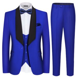 mage male men's 3 piece suit shawl collar slim fit elegant tuxedo solid one button wedding party blazer vest pants set royal blue