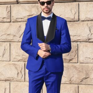 MAGE MALE Men's 3 Piece Suit Shawl Collar Slim Fit Elegant Tuxedo Solid One Button Wedding Party Blazer Vest Pants Set Royal Blue