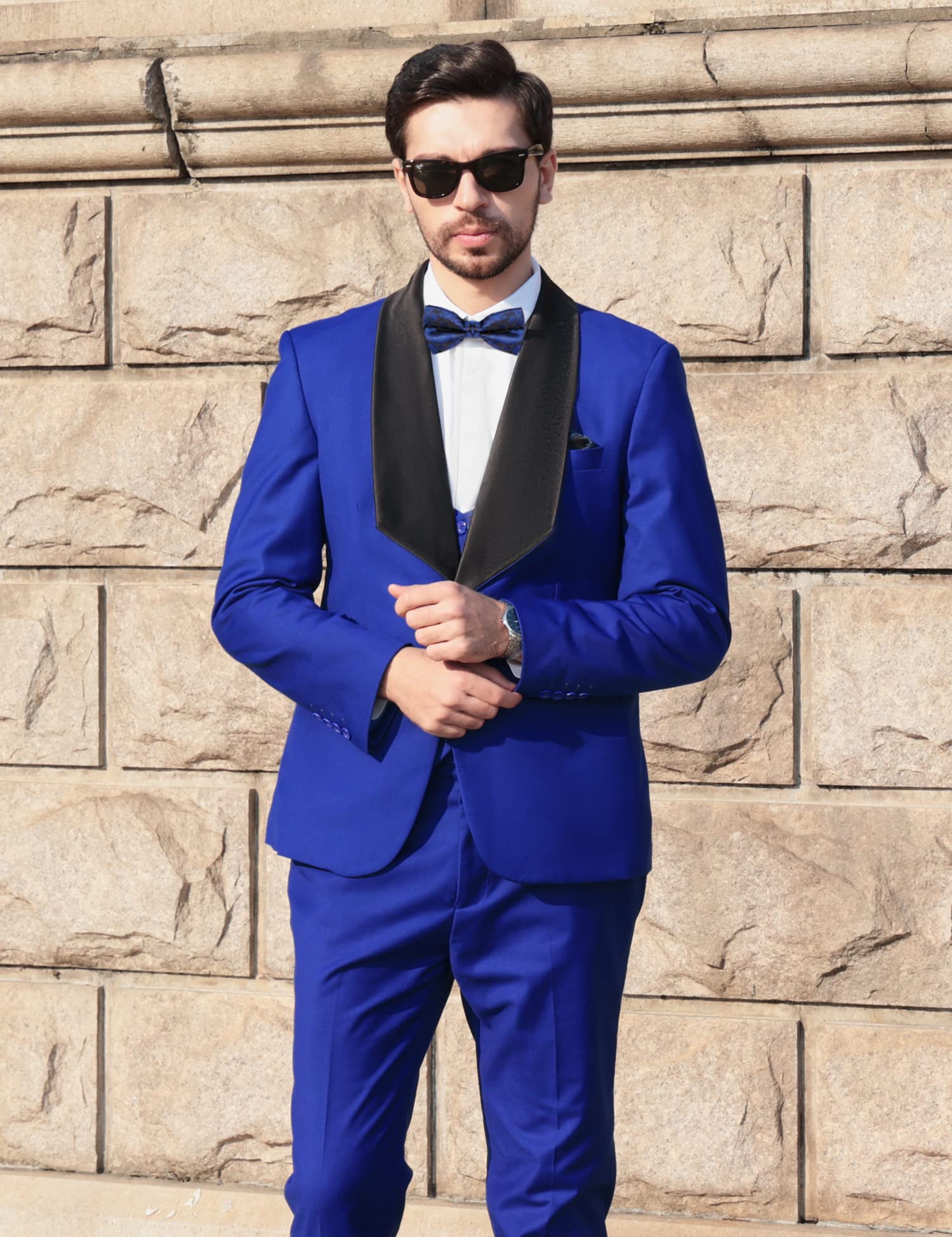 MAGE MALE Men's 3 Piece Suit Shawl Collar Slim Fit Elegant Tuxedo Solid One Button Wedding Party Blazer Vest Pants Set Royal Blue