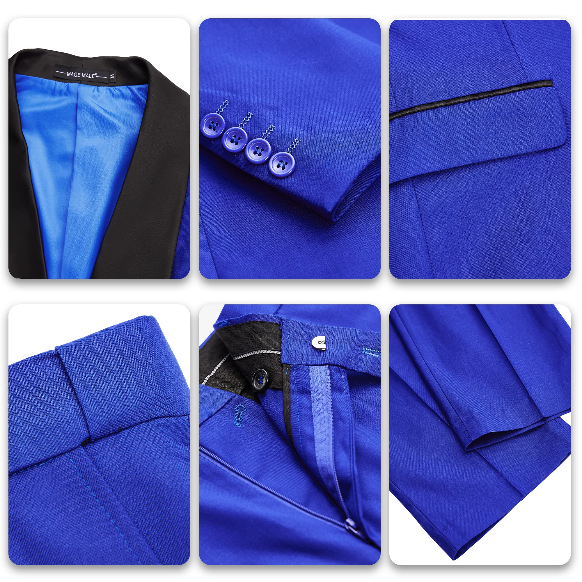 MAGE MALE Men's 3 Piece Suit Shawl Collar Slim Fit Elegant Tuxedo Solid One Button Wedding Party Blazer Vest Pants Set Royal Blue