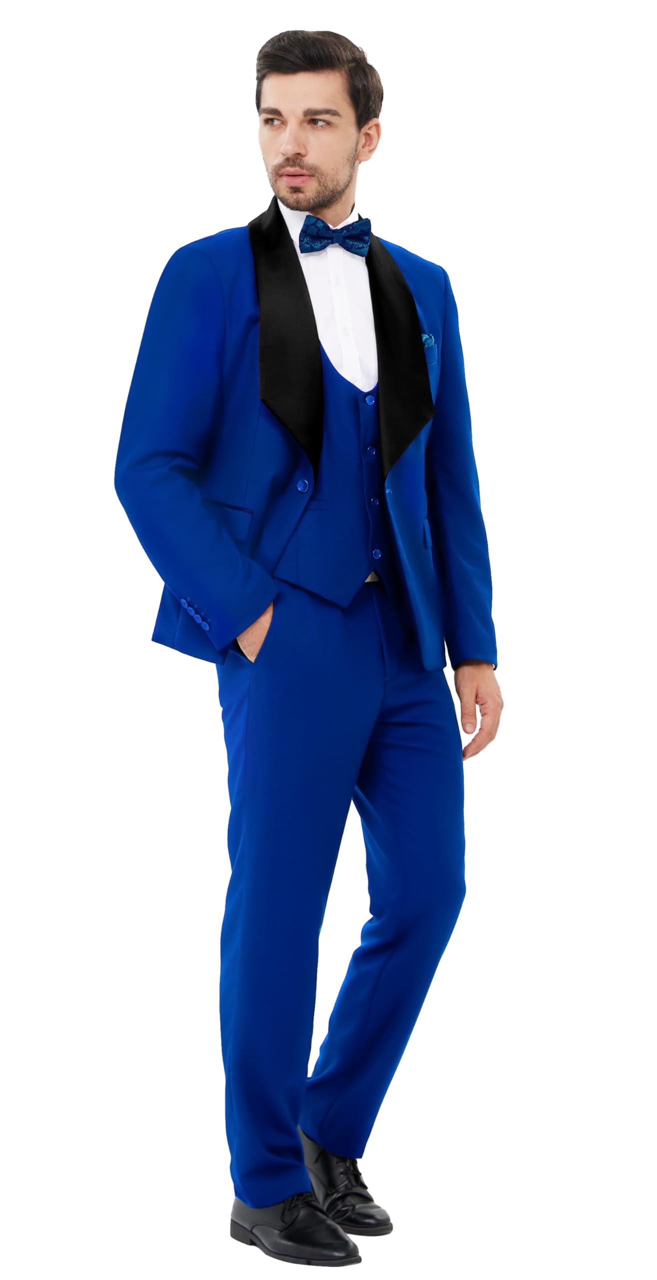 MAGE MALE Men's 3 Piece Suit Shawl Collar Slim Fit Elegant Tuxedo Solid One Button Wedding Party Blazer Vest Pants Set Royal Blue